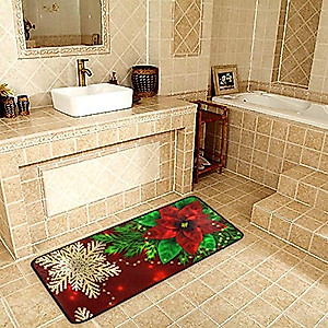 Christmas Kitchen Rug Floor Mat, Red Rug Doormat for Kitchen Bathroom Decor 39 x 20 Inch Christmas Poinsettia and Snowflakes (1)
