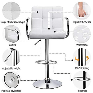 Yaheetech Tall Bar Stools Set of 2 Modern Square PU Leather Adjustable BarStools Counter Height Stools with Arms and Back Bar Chairs 360 Swivel Stool White