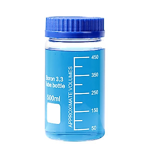 Moonetto 2 Pack 500 mL Wide Mouth Graduated Round Borosilicate Reagent Media/Storage Lab Glass Bottle With GL70 Blue Polypropylene Screw Cap