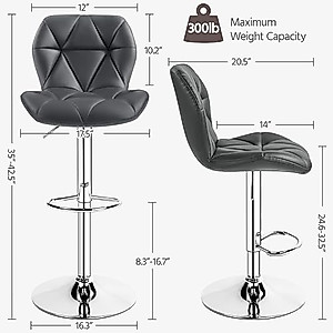 Yaheetech Bar Stools Set of 4, Adjustable PU Leather Swivel Barstools, Modern Counter Stools with Back and Footrest, Counter Height Barstools for Bar, Kitchen, Dining Room, Grey