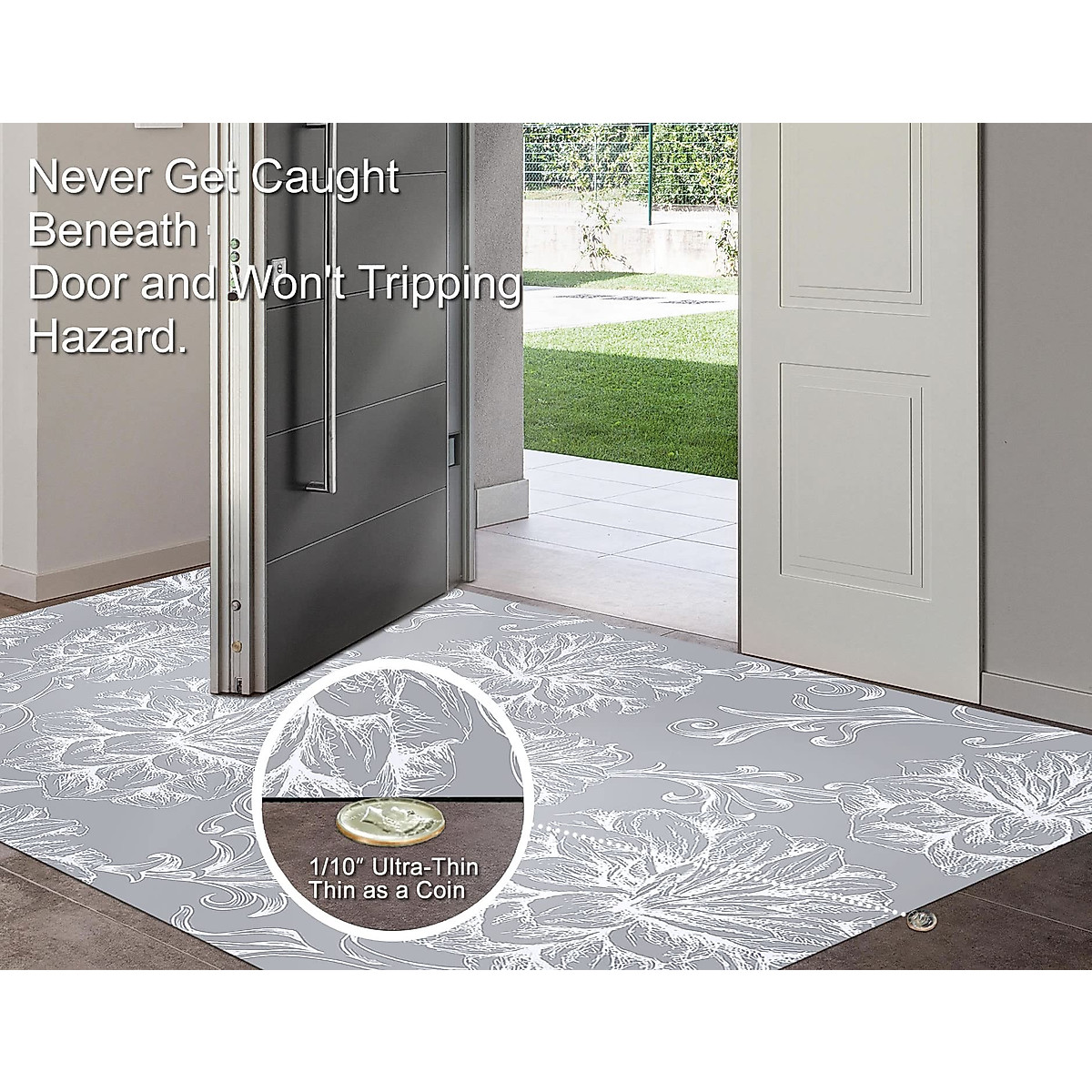 Cosilyt 1/10" Ultra Thin Extra Large 3×5 Feet and 24"×35" Front Door Mat Indoor Entryway Area Rug for Inside Entry, Waterproof Non Slip Washable Rubber Interior Door Mats, Baroque Grey