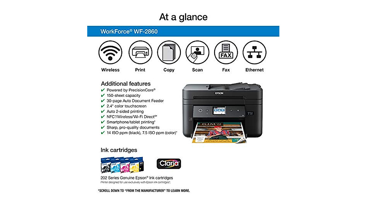 Epson Workforce WF-2860 All-in-One Wireless Printer for Home & Business