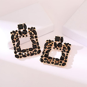 Black Vintage Rhinestone Square Statement Earrings Sparkly Geometric Crystal Drop Dangle Earrings Fashion Jewelry Gift for Women
