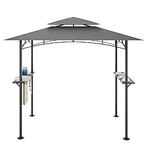 Grill Gazebo 8X 5 FT Double Tiered BBQ Gazebo Grill Canopy with 2 Side Shelves, 5 Hooks and Bottle Opener, Patio Canopy Tent, Outdoor Gazebo Tent Outdoor BBQ Canopy (Gray)