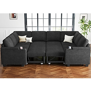 Belffin Sectional Sleeper Sofa Couch with Pullout Bed Modular Sectional Pull Out Couch with Storage. Dark Grey Couch