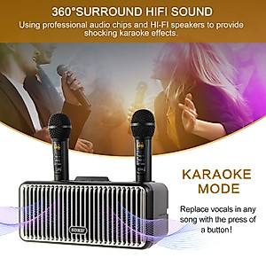 Karaoke Machine for Adults and Kids,Bluetooth Karaoke Speaker with 2 Wireless Microphone,Party Speakers with Phone Holder,HD Sound PA System Support TWS,TFcard,AUX in,for Party/Meeting