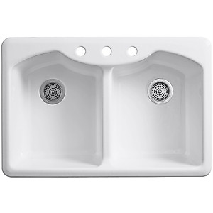 KOHLER K-6482-3A4-47 Bellegrove Double Bowl Top-Mount Kitchen Sink with Three Hole Drillings, Almond