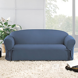 SureFit Cotton Duck Canvas Sofa Slipcovers, Sofa Cover Cotton Solid One Piece Design and Straight Skirt, Removable and Machine Washable Couch Cover, Bluestone