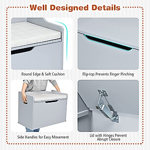 Costzon Kids Wooden Toy Chest, Wide Toy Box Storage Chest with Bench Seat, Toy Storage Trunk Case with Finger-Pinch Prevention, Lift-Top Foot Rest Seat for Toddler Bedroom Playroom Entry (Grey)