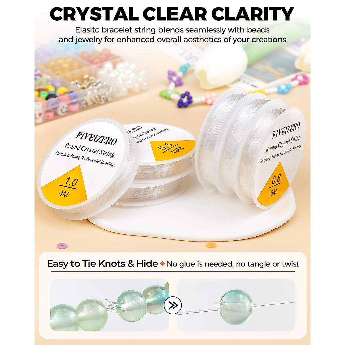 6 Rolls FIVEIZERO Elastic Bracelet String Cord, 0.4mm, 0.5mm, 0.6mm, 0.7mm, 0.8mm, 1mm Crystal Clear Stretchy Elastic Bead String for Bracelets, Jewelry Making and Clay Pony Seed Stone Beads Beading