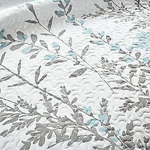 Lush Decor Yellow Aprile Reversible Quilt 3 Piece Floral Leaf Design Bedding Set, Full/Queen, Blue & Gray