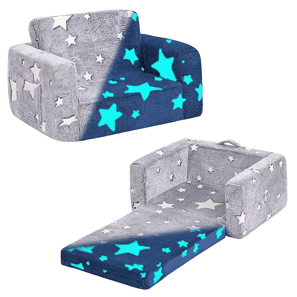 Welnow 2-in-1 Kids Sofa Chair, Glow in The Dark Convertible Toddler Chair Flip Out Children Sofa Chair Folding Kids Play Sofa with Side Pockets & Removable Cover Armrest Chair for Girl or Boy