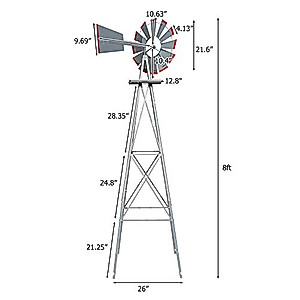 VINGLI 8FT Ornamental Windmill Backyard Garden Decoration Weather Vane, Heavy Duty Metal Wind Mill w/ 4 Legs Design, Grey