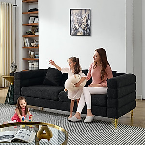 81-inch Couches + 60-inch Loveseat Sofa for Living Room, Set of 2 Modern Teddy Fabric Upholstered Sofa Couch with Square Arm and 4 Golden Metal Legs for Living Room, Office, Apartment, Black