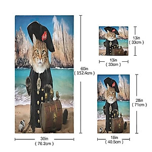 Flradish Pirate Captain Cat Towels 3 Pack Bath Towels for Bathroom Set Soft Cotton Highly Absorbent Lightweight & Quickdry Towel Set 1 Bath Towel,1 Hand Towel,1 Washclothe