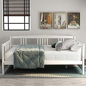 Merax Classic Wood Day Bed Frame Multifunctional Platform Bed Sofa Mattress Foundation with Headboard, Easy Assembly White