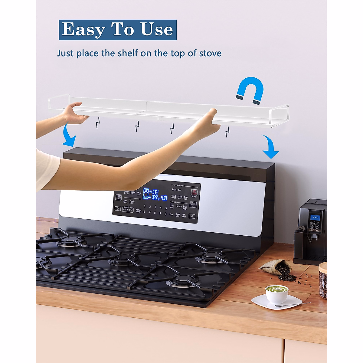 Bumusty 6X Strong Magnetic Shelf for Stove, Adjustable Stove Top Shelf, 20"-30" Oven Shelf Spice Rack Over the Stove, Seasoning Organizer Kitchen Shelves, Matte White