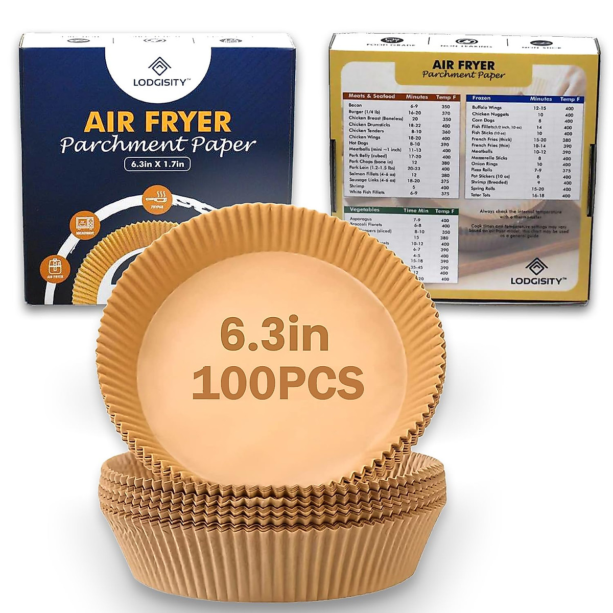 Air Fryer Disposable Paper Liner- 100 Pcs Non Stick Parchment Paper Liner for Air Fryer - Lodgisity Water Proof,Oil-Proof Liners for Baking, Roasting And Microwave (6.3 in x 1.7 in)