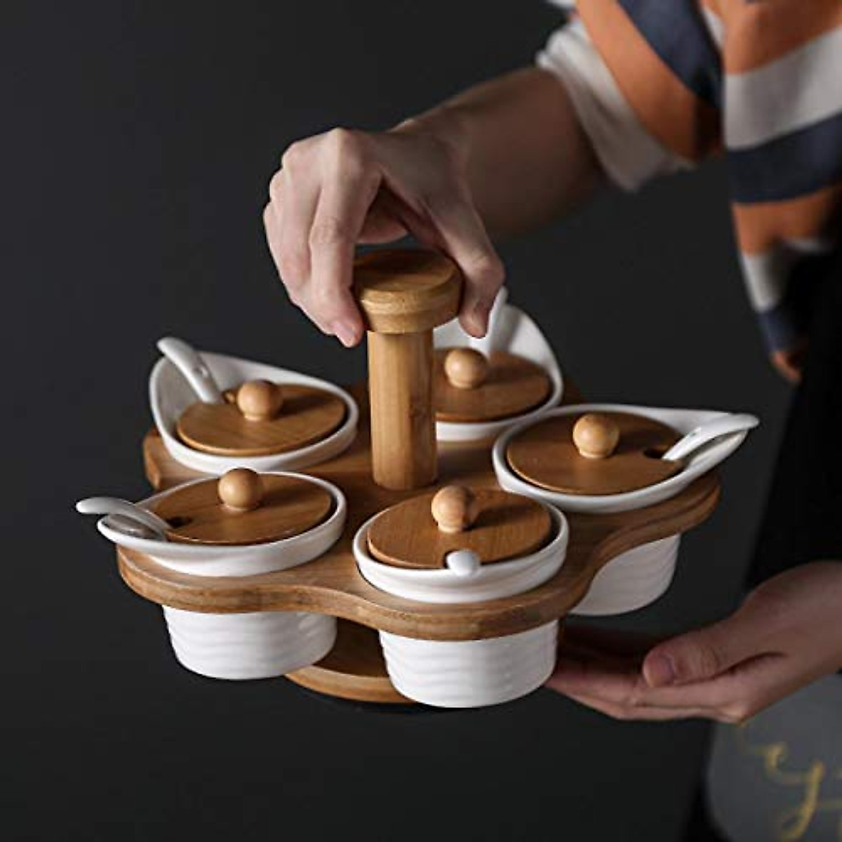Ceramic Condiment Jar Pots 5 pcs Set durable Round Shape Seasoning Jar with Holder,Spoon and Bamboo Lids for Home Kitchen