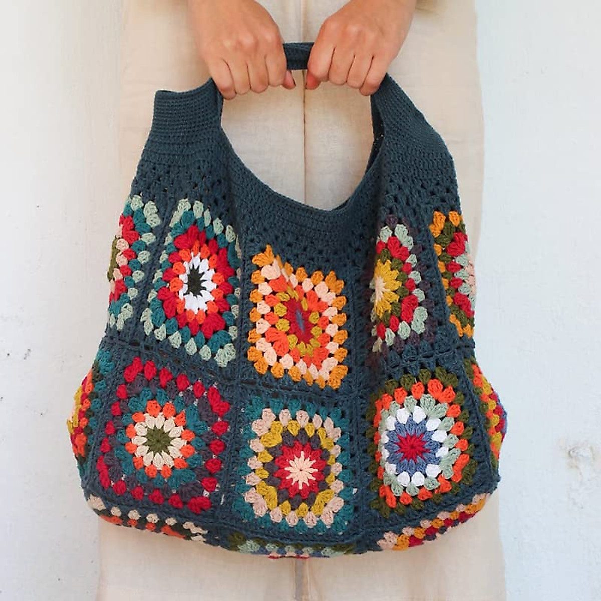 Navy Granny Square Bag Hippie Classic Handmade Crochet Vintage Shoulder Tote Bags For Winter Navy