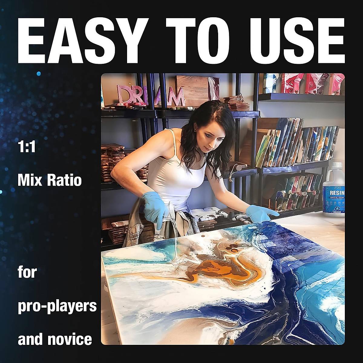 JTDO Epoxy Resin - Crystal Clear Epoxy Resin Kit, Self-Leveling, Bubbles Free, UV Resistant, Epoxy Resin for DIY Art, Jewelry, Table, Countertop, 1:1 Mix (1 Gallon)