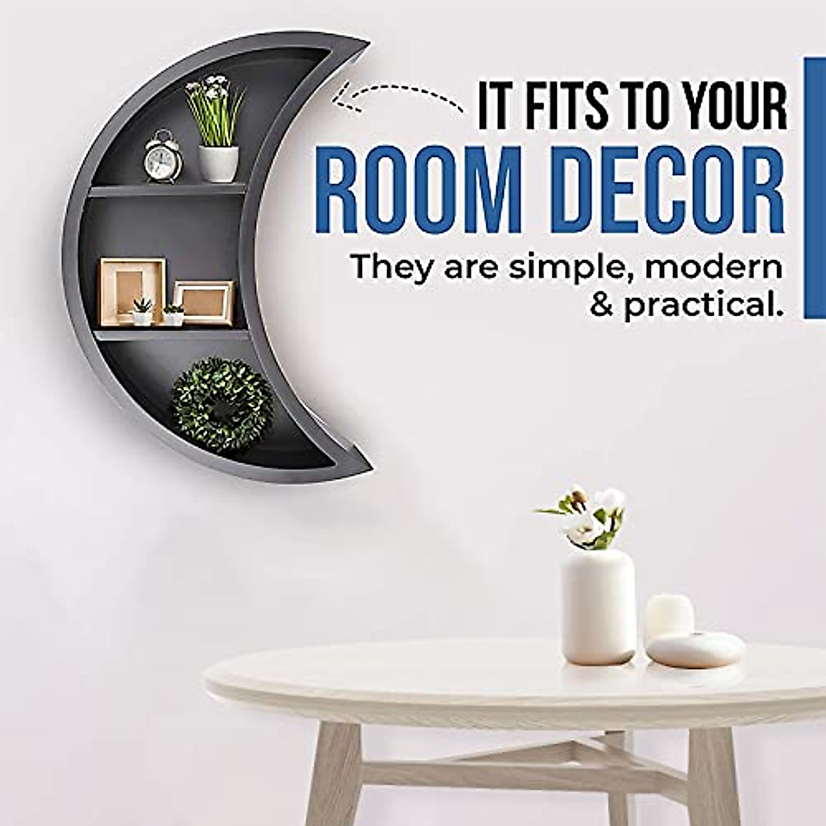 Takefuns Wooden Moon Shelf, Moon Shaped Floating Shelves for Crystal, Stone Storage Shelf Display Rack, Wall Mounted Display Shelf for Living Room Bedroom Bathroom