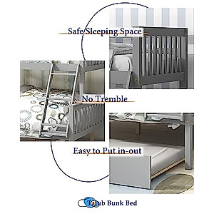 Tatub Twin Over Full Bunk Bed with Trundle, Solid Pine Wood Frame and Ladder with Guard Rails for Kids, Teens, Boys and Girls, No Box Spring Needed, Bunk Bed Grey