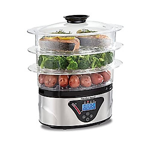 Hamilton Beach Digital Electric Food Steamer & Rice Cooker for Quick, Healthy Cooking with Stackable Three-Tier Bowls for Vegetables and Seafood, 8.25 Quart, Black & Stainless Steel