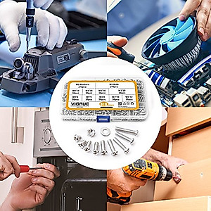 VIGRUE 810Pcs M3 x 4/6/8/10/12/14/16/18/20 mm Screw Assortment Kit 304 Stainless Steel Phillips Pan Head Machine Screws Bolts Nuts Lock Flat Washers with Storage Box