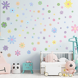 Kisston 90 Pcs Daisy Wall Decal Alphabet Vinyl Wall Decals Boho Decal Daisy Stickers Boho Groovy Floral Stickers for Nursery Art Bedroom Classroom(Pastel)