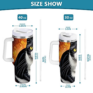 ODAWA 40 Oz Black White Cat Insulated Tumbler Cup with Handle and Straw, Stainless Steel Vacuum Insulated Tumbler