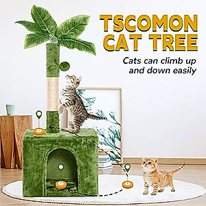 TSCOMON 41" Cat House Cat Tree for Indoor Kitten Small Cats with Green Leaves, Cozy Plush Indoor Plant Design Cat House Cute Cat Condo Cat Scratching Posts with Hang Ball, Green Pet Home Cat Furniture