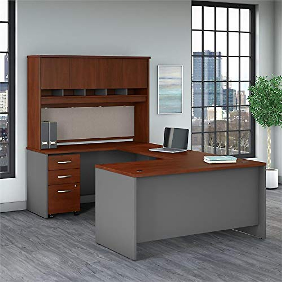 Bush Business Furniture Series C U Shaped Desk with Hutch and Mobile File Cabinet, 60W, Hansen Cherry