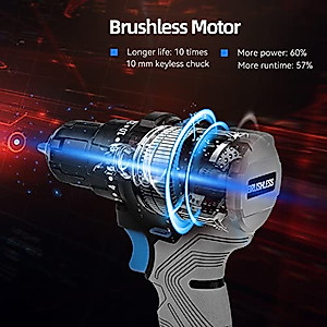 Cordless Drill Set, 20V Electric Power Brushless Drill with 3/8” Keyless Chuck, Battery and Charger, 20+1 Torque Setting, 400In-lbs, 0-1500RPM 2 Variable Speed, 5pcs Drill Bits