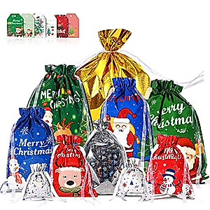 Reaks 35pcs Drawstring Christmas Gift Bags Assorted Sizes, Holiday Gift Bag Set In 5 Sizes And 10 Designs with Tags for Christmas Presents, Xmas Pull String Bags Extra Large/Large/Medium/Small Size