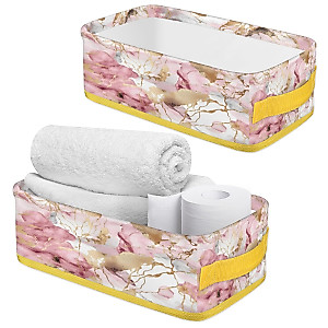 Skonsati Toilet Tank Topper Paper Basket with Handles Pink Gold Marble Multiuse Fabric Storage Baskets for Bathroom Decorative Toilet Tank Top Bins Paper Holder, 1 Pack