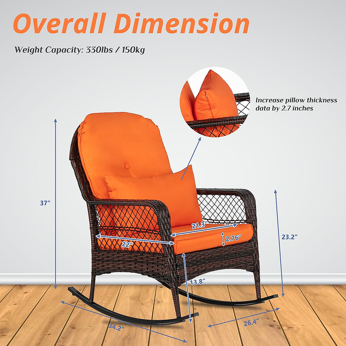 Outvita Rocking Chair, Outdoor PE Rattan Rocking Chair with Soft Orange Cushion and Pillow for Patio, Porch, Poolside, Living Room