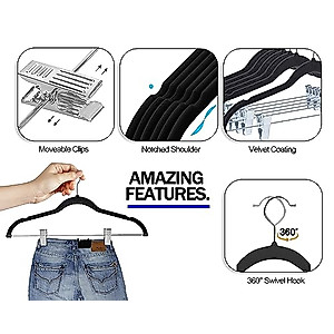GVTECH Velvet Hangers with Clips, [24 Pack] Metal Clip Hangers for Pants - Notched Velvet Skirt Hangers for Pants, Skirts, Suit, Dresses & Shirts 360° Swivel Hook - Non Slip Felt Hangers (Black)