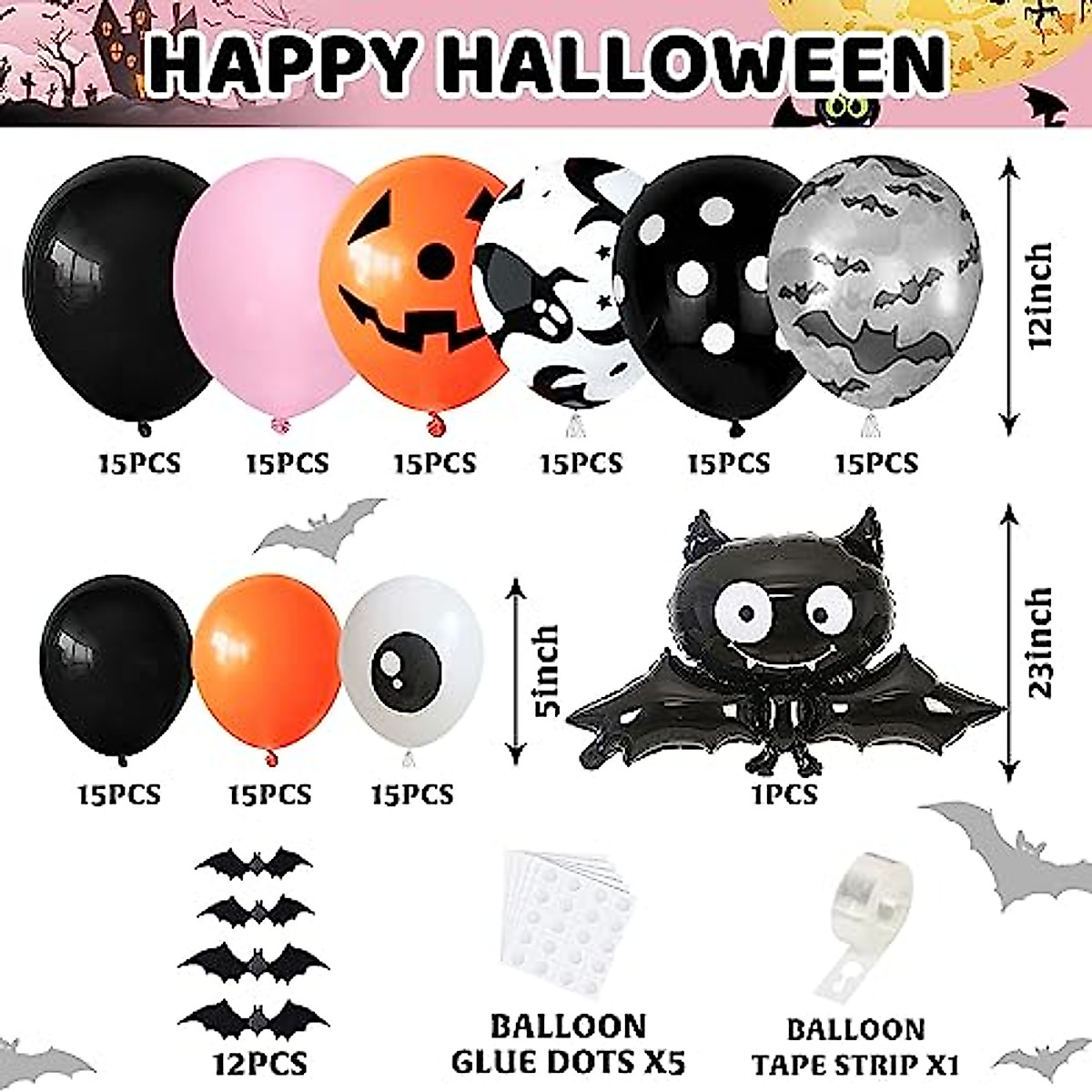 Halloween Balloon Arch Garland Kit,133pcs Halloween Balloons with Pink Black Orange Balloon Arch Kit with Bat Balloons for Halloween Party Decoration…