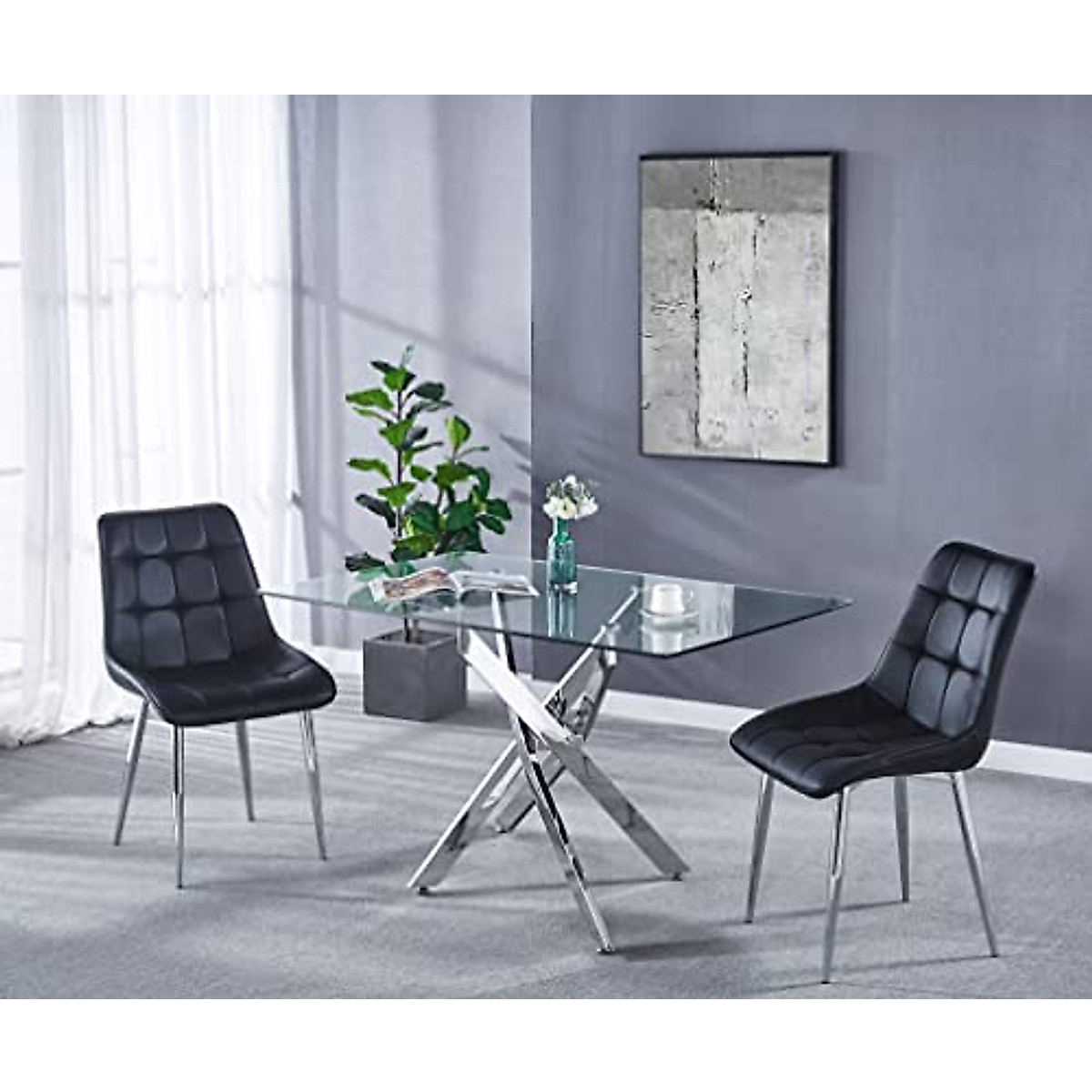 Yoluckea Modern Rectangular Glass Table Tempered Glass Dining Table with Stainless Steel Base Clear Beveled Edges Glass Kitchen Table for Home Kitchen Dining Room 51.20"W x 31.50"D x 29.50"H Silver