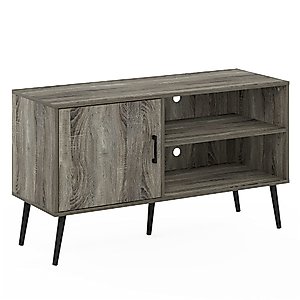 Furinno Claude Mid Century Style Stand with Wood Legs for TV up to 55 Inches, One Cabinet Two Shelves, French Oak