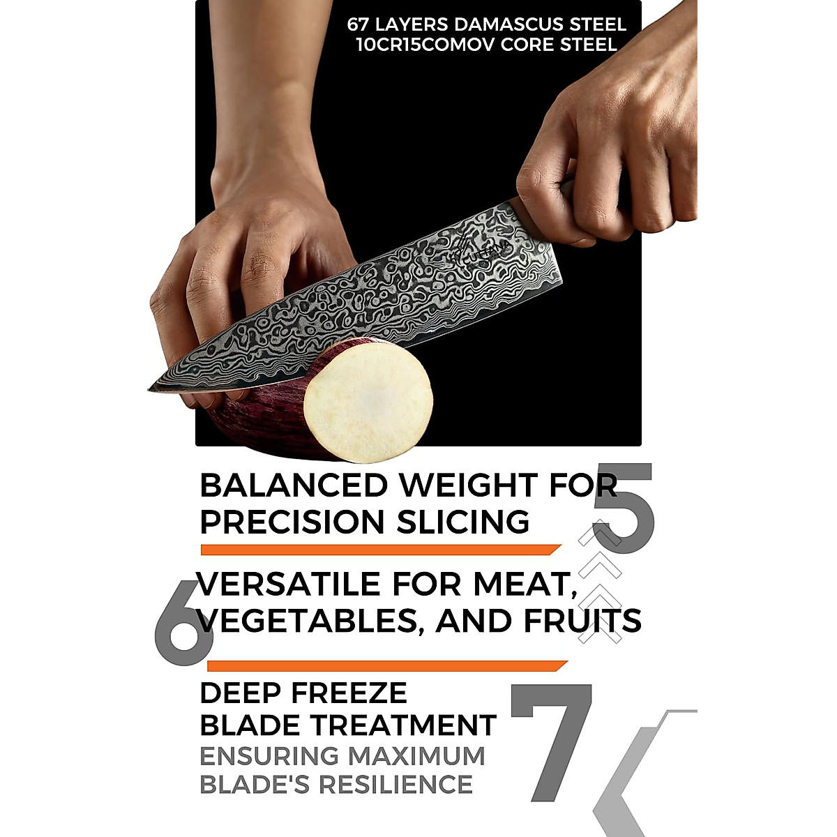 Cuttana Chef's Knife - 8-Inch - Vanguard Series - 67-Layer Damascus VG10 Japanese Steel - Including Wooden Sheath and Gift - Box Professional Kitchen Chef's Knife, Ergonomic Pakkawood Handle