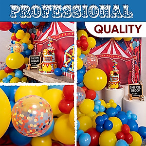 ALL-IN-1 Circus Balloons Arch Kit & Garland for Carnival Party Decorations Theme – Primary Color Balloons in Red Blue Yellow & Rainbow Confetti – Baby Shower Circus Birthday Party Supplies