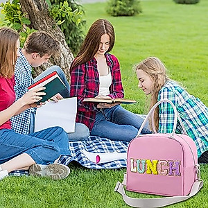 Lunch Box for Women, Large Insulated Lunch Box for Girls, Personalized Preppy Lunch Box for Adults with Adjustable Shoulder Straps,lunch Bag Women with Chenille Letters for Kids（Pink-lunch)