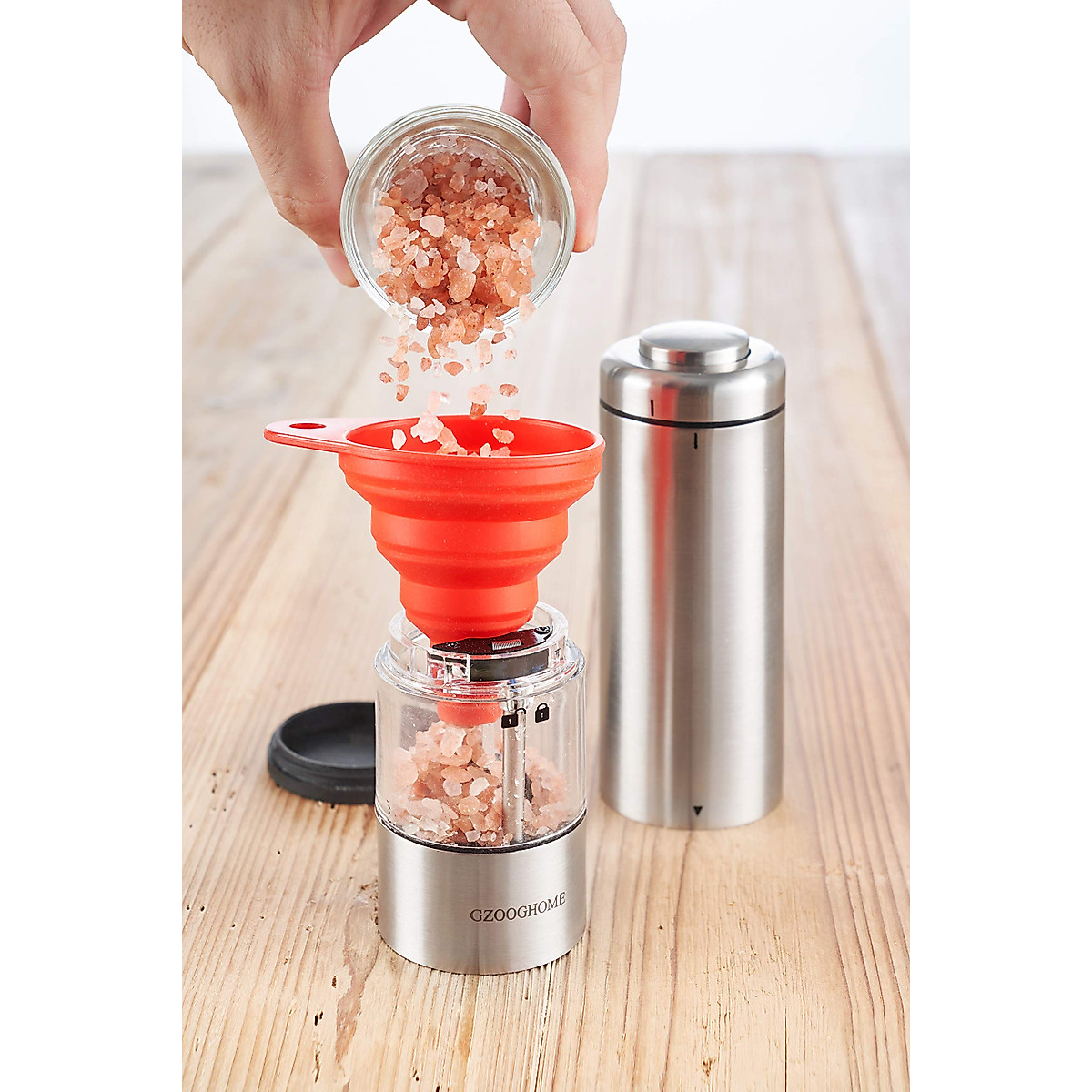 GZOOGHOME Electric Salt and Pepper Grinder Set - Battery Operated Automatic One Handed Salt Pepper Mill with Funnel and Bottom Cap - Ceramic Grinders with Lights and Adjustable Coarseness