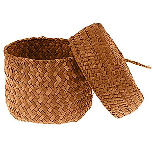 Mini Seagrass Storage Baskets with Lid, Hand-Woven Straw Round Storage Box Desktop Storage Basket-Handmade Straw Storage Basket Woven Basket Wicker Rattan Planter Pot Flower Storage Container