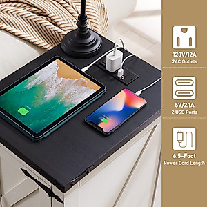 JXQTLINGMU Nightstand with Charging Station, Rectangular Farmhouse End Table with Barn Door and Adjustable Storage Shelf, 17" Deep Wood Rustic Sofa Side Table for Living Room, Bedroom, White