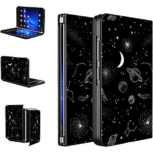 BWEGRHE Moon Spaceship Designed for 8.1" Microsoft Surface Duo Case, Full Cover Ultra Thin PU Leather Back Hard PC Phone Case for Microsoft Surface Duo (2020)