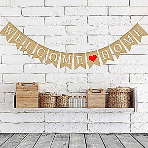 jijAcraft Welcome Home Banner,Burlap Welcome Home with Heart Banner for Home Mantle Fireplace Decoration Family Party Supplies(2.8M/9.1Feet)