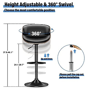 Aowos Adjustable Swivel Bar Stools Set of 2, Mid-Century Modern PU Leather Upholstered Counter Height Bar Stool, Kitchen Island Barstoosl with Back, Black